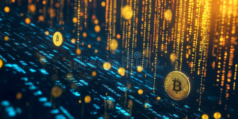 Digital Gold Coins Cascading Down through Layers of Binary Code and ...
