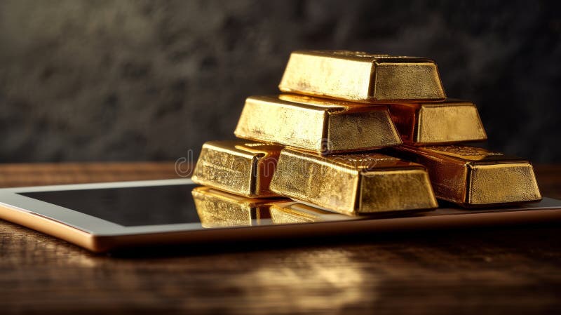 Digital Gold Investment Tablet with Options Next To Stack of Gold Bars ...