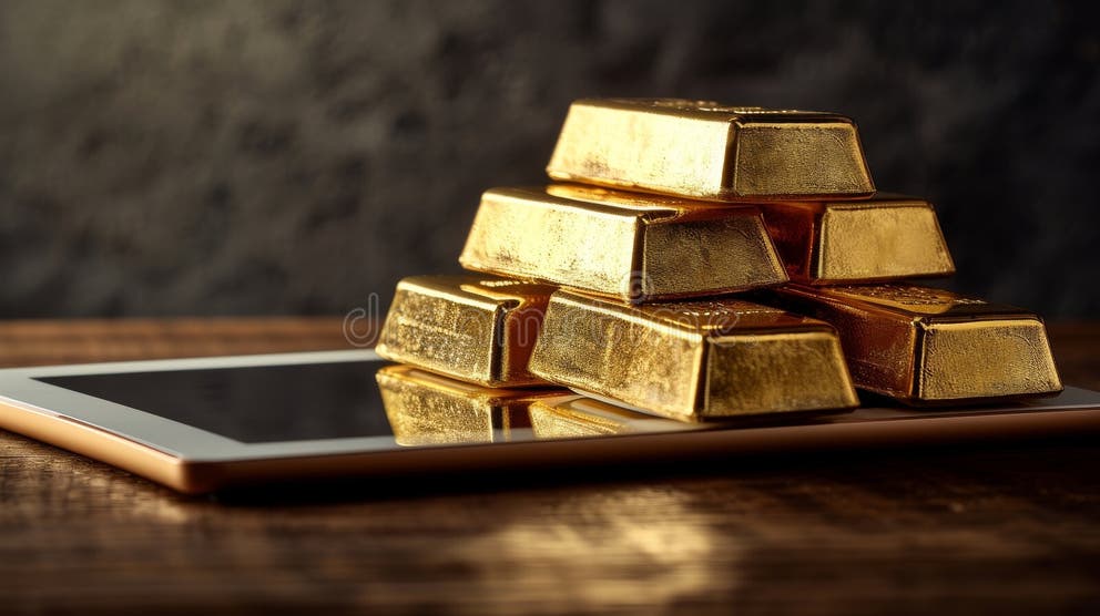 Digital Gold Investment Tablet with Options Next To Stack of Gold Bars ...