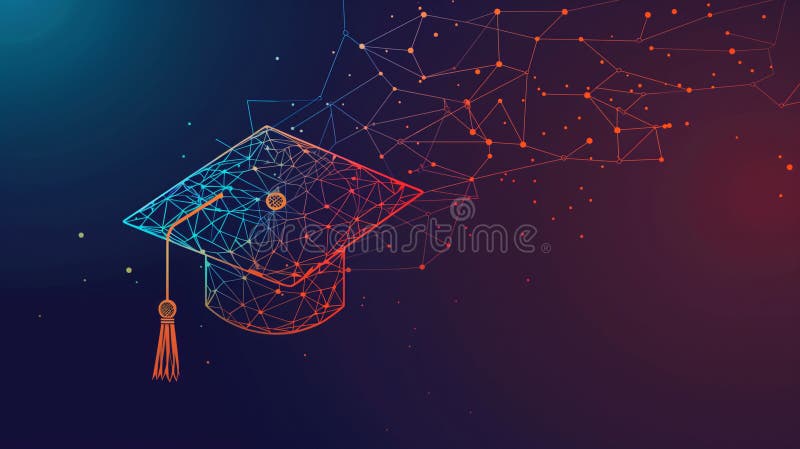 Digital Graduation Cap Connected by Lines and Dots on Dark Background ...
