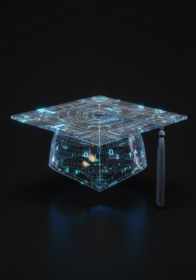 Digital Graduation Cap: Glowing Blue Particles on Dark Background Stock ...