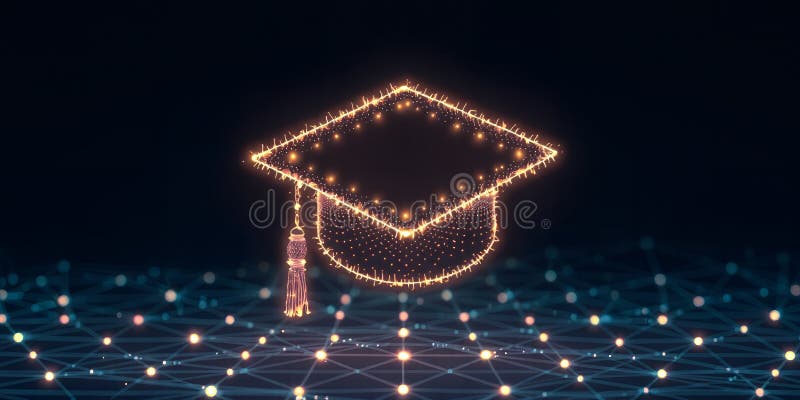 Digital Graduation Cap Glowing on a Dark Background Stock Illustration ...