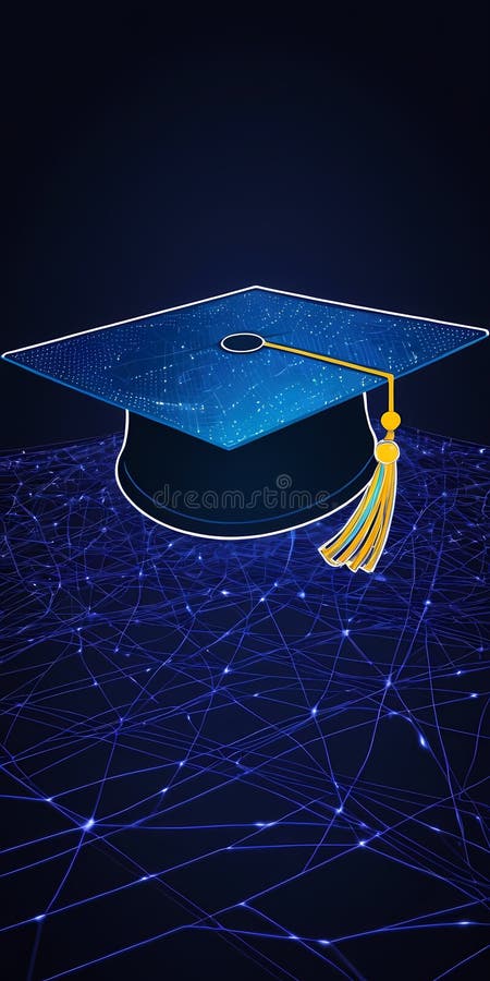 Digital Graduation Cap Illuminated in Blue Against a Dark Background ...