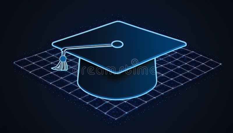 Digital Graduation Cap Illuminated in Blue Against a Dark Background ...