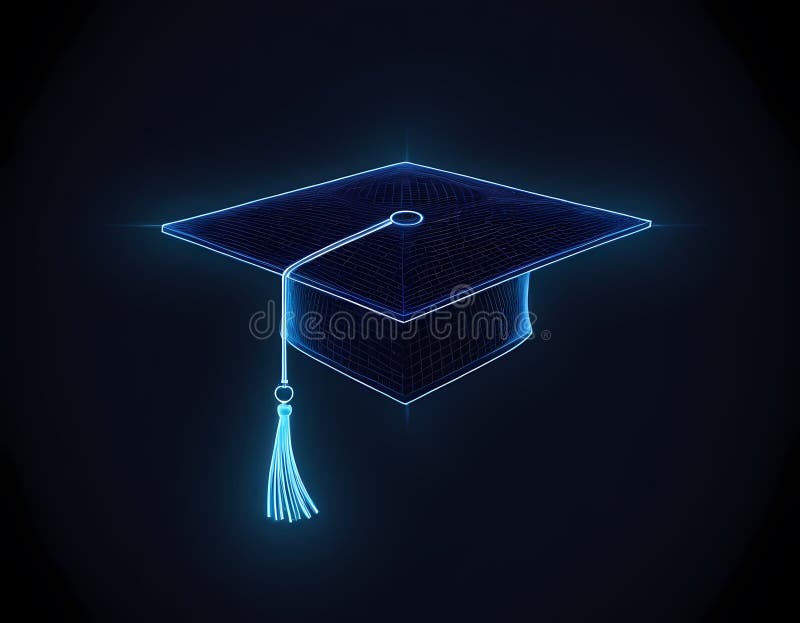 Digital Graduation Cap Illuminated in Blue Against a Dark Background ...