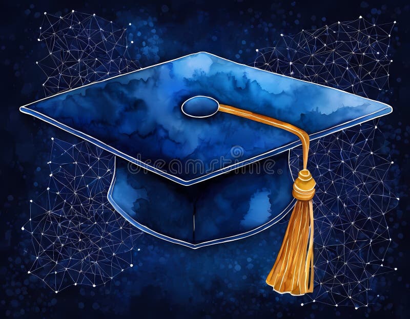 Digital Graduation Cap Illuminated in Blue Against a Dark Background ...