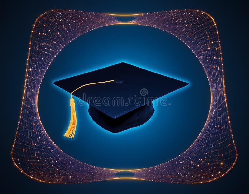 Digital Graduation Cap Illuminated in Blue Against a Dark Background ...