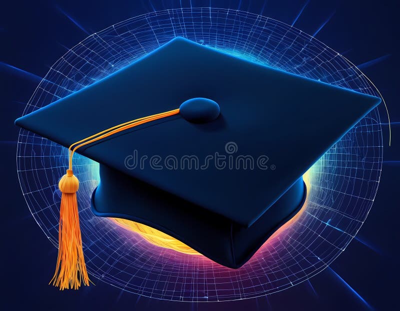 Digital Graduation Cap Illuminated in Blue Against a Dark Background ...