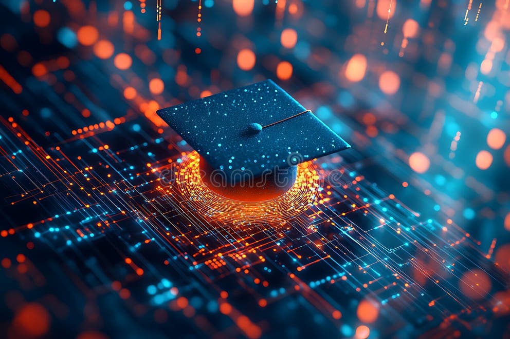 Digital Graduation Cap on Technology Network Stock Illustration ...