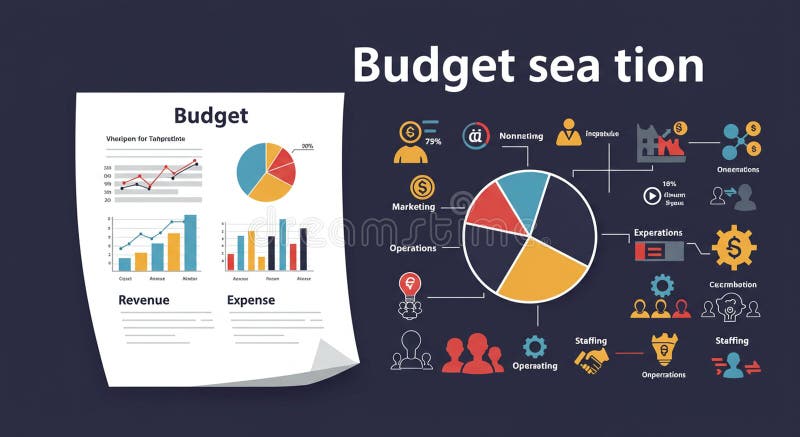 A Digital Graphic Illustrates Budget Distribution Using Charts and ...