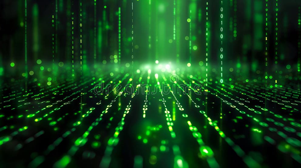 Digital Green Binary Code Raining Down in Vibrant Virtual Abstract ...