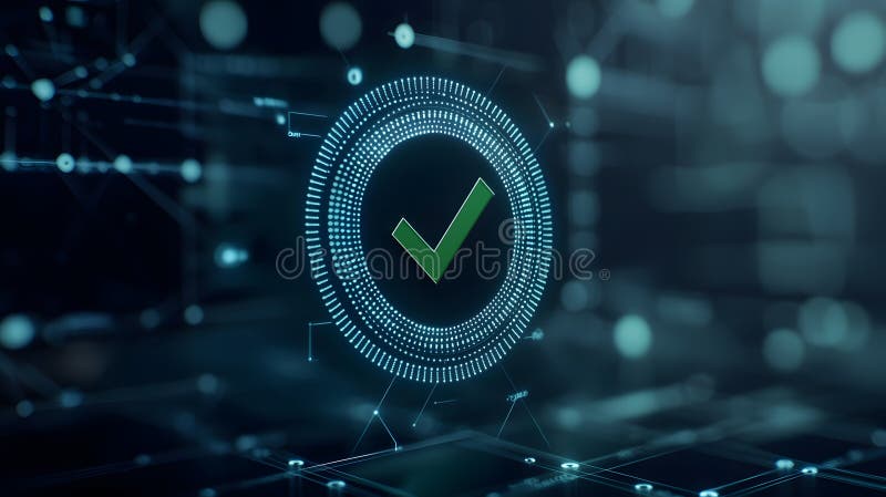 Digital Green Checkmark in Center of Futuristic Interface with Abstract ...