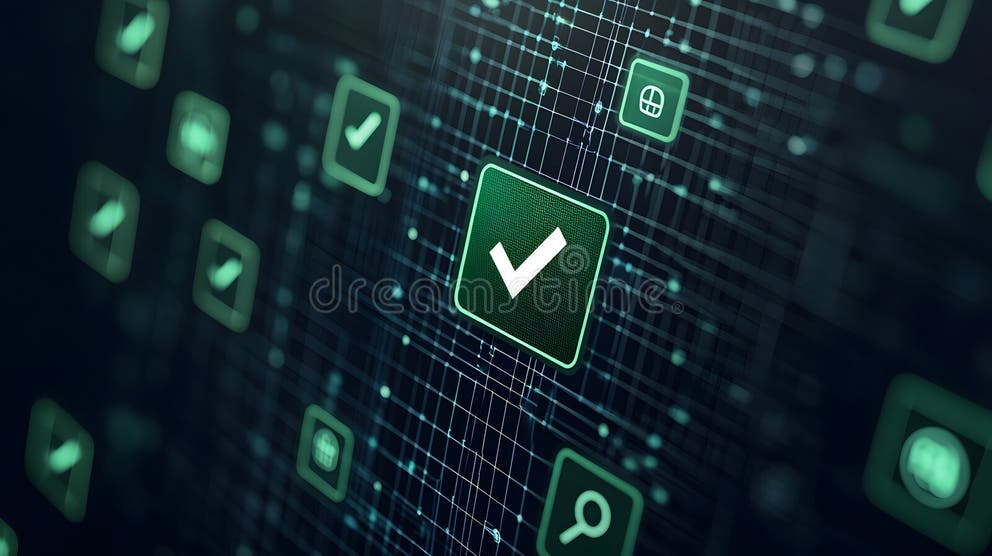 Digital Green Checkmark Icon Floating on a Grid Background Representing ...