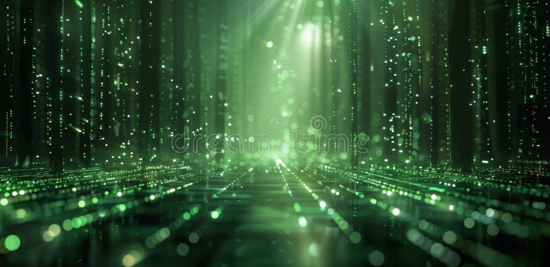 Digital Green Corridor of Binary Code with Bright Light at the End ...
