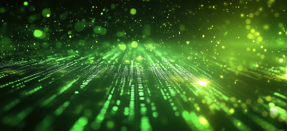 Digital Green Data Stream with Glowing Binary Code and Particles in Motion Stock Photo - Image ...