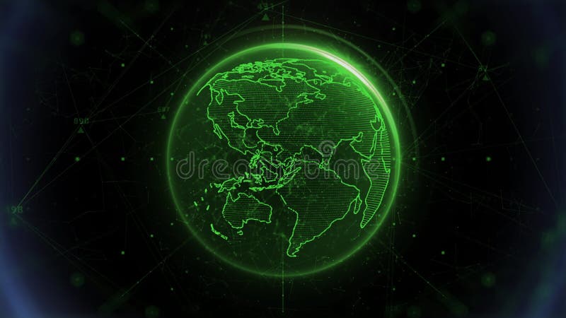 Digital Green Earth Planet Rotating on Flickering Flare Ring 4K Motion ...