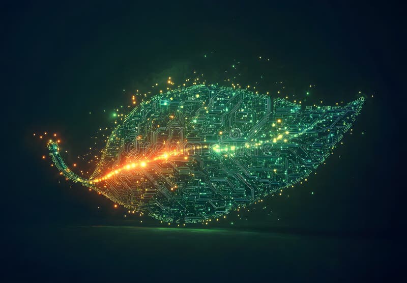 Digital Green Leaf with Glowing Circuitry Light Effects Symbolizing Eco ...