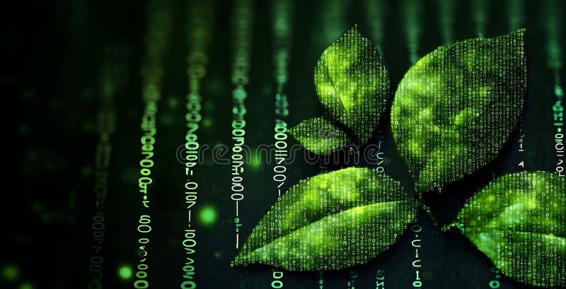Digital Green Technology Concept with Leaves and Binary Code ...