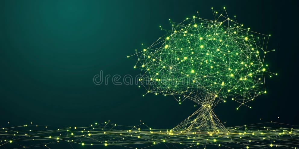 Digital Green Tree with Connected Lines and Dots on a Dark Green ...