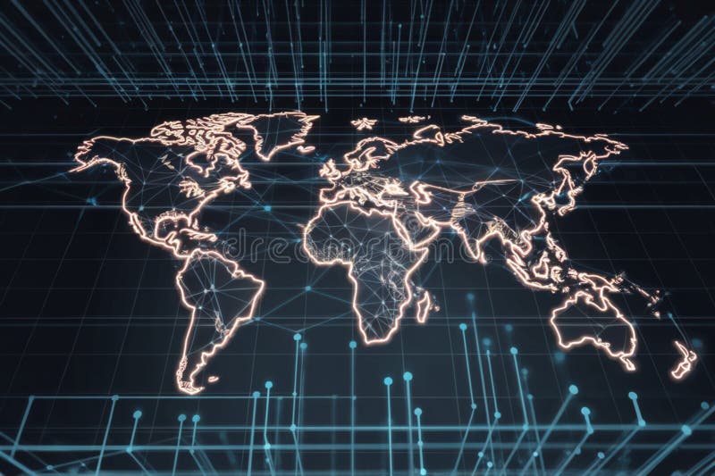 World Map with Glowing Continents Interlaced with Abstract Data Against ...