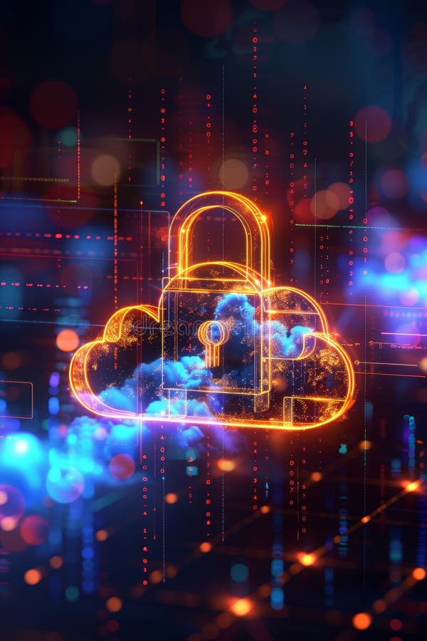 Digital Grid Background with Lock Icon in Translucent Cloud on Neon ...