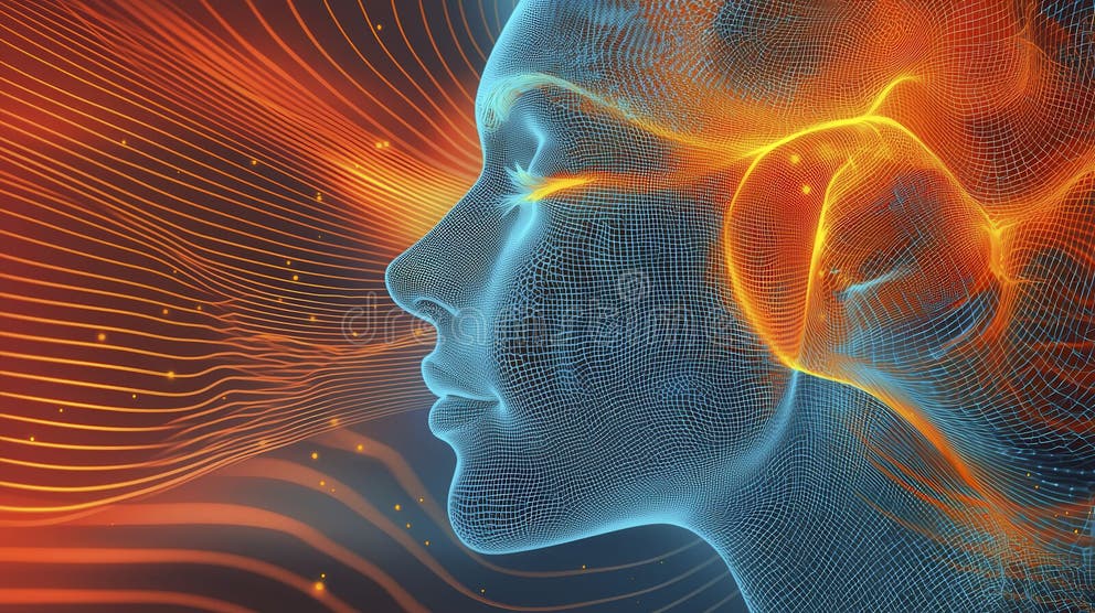 Digital Grid Face in Orange and Blue, Abstract Artwork Stock ...