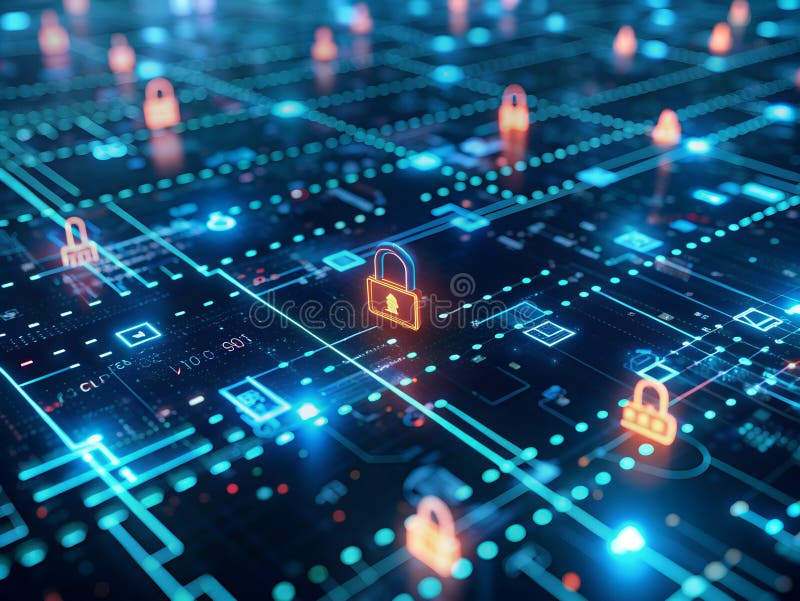 Digital Grid with Glowing Lock Icons Representing Cybersecurity. Stock ...