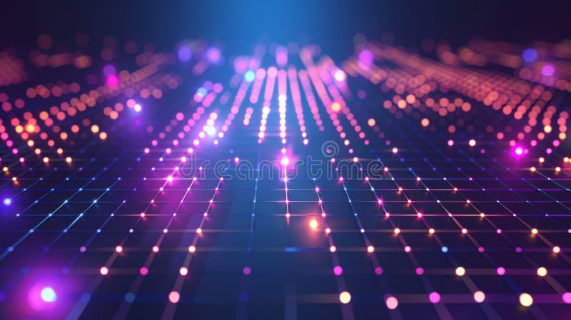 A Digital Grid Landscape with Glowing Neon Lights Blue and Purple Stock ...