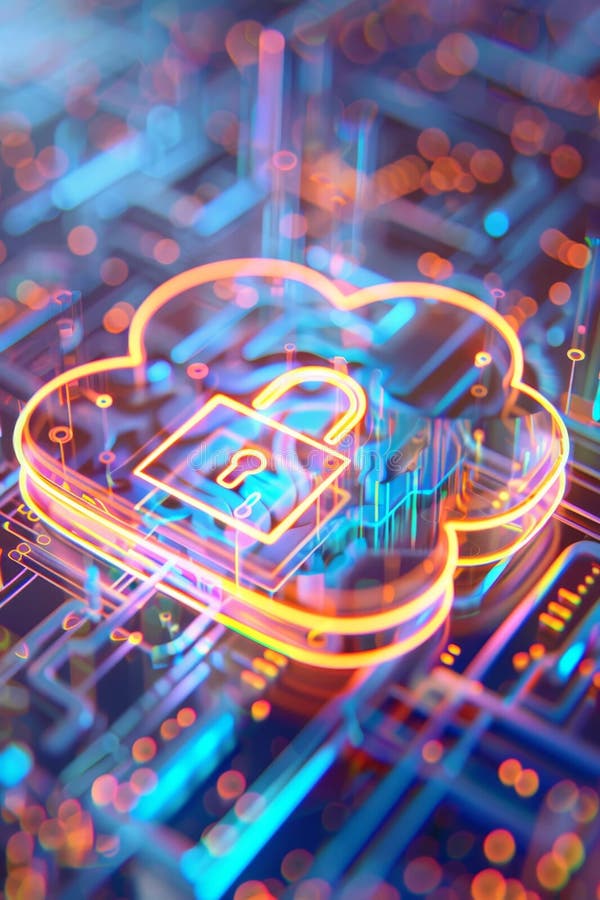 Digital Grid with Neon Cloud Close Up of Lock Icon Amid Abstract Lines in Vibrant Colors Stock ...