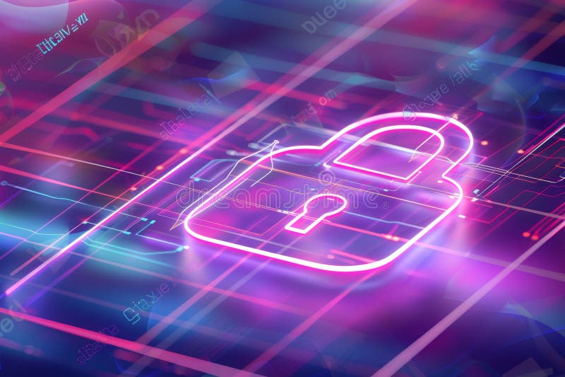 Digital Grid with Neon Lock Icon in Translucent Cloud Abstract Vibrant ...