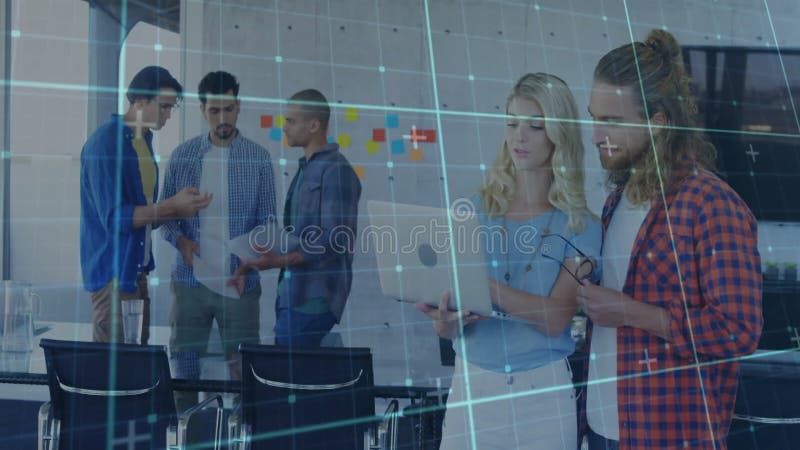 Digital Grid Overlay Pulsing, Team Exchanging Documents and Analyzing ...