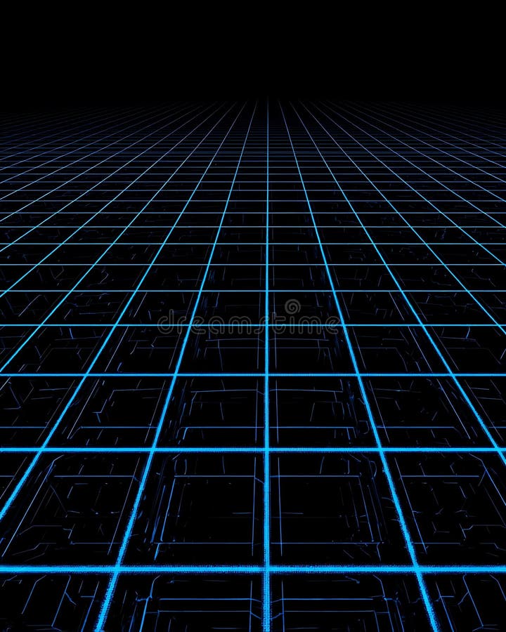 A Digital Grid Pattern with Neon Blue Lines Forms a Perspective View ...