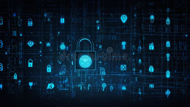 A Digital Grid Stretching into the Distance, with Floating Padlock ...