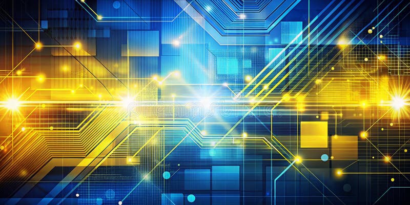 Digital Grid Yellow and Blue Lines, Bright Glowing Points ...