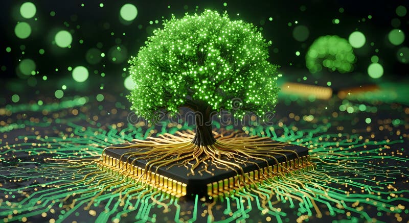 A Luminous Tree of Life Emerging from a Processor Chip Stock ...