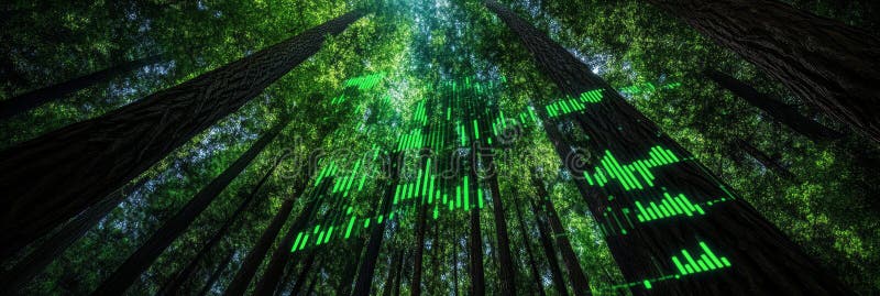 Digital Growth in Verdant Forest Bar Graphs of Digital Data Overlay a ...