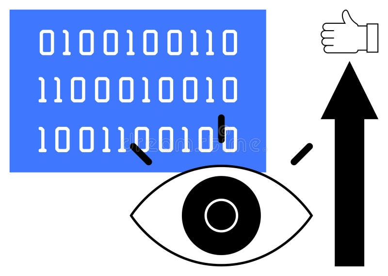 Digital Growth Visualization with Binary Code, Eye Icon, and Upward Arrow Stock Illustration ...