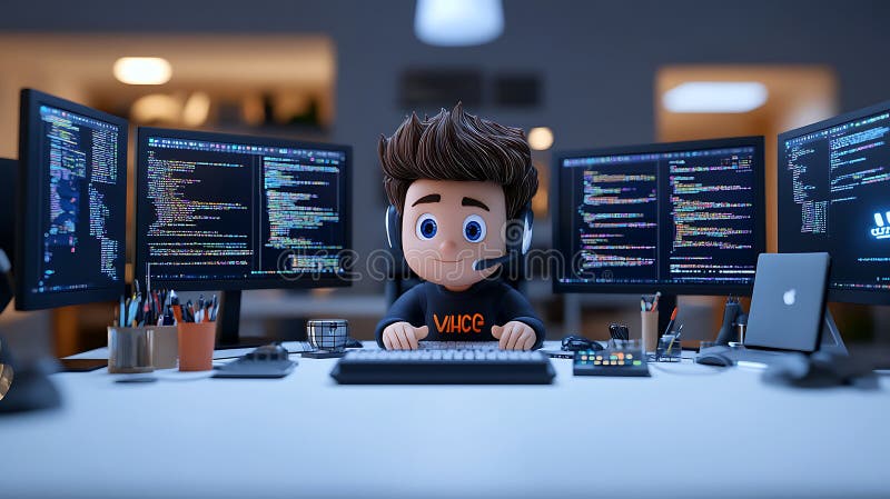 Digital Hacker Character in a Dark Room with Coding Screens Stock ...