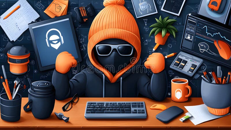 Digital Hacker Character Wearing Orange Hat and Gloves, Working at a ...