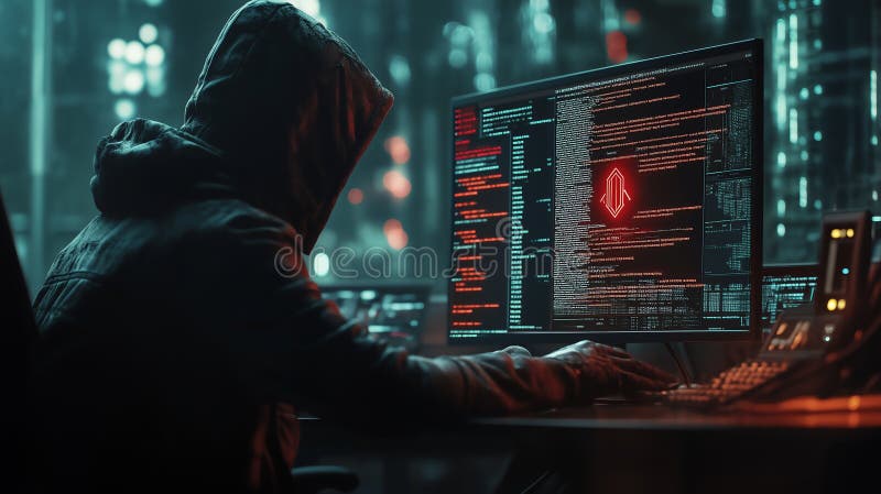 Digital Hacker Interface with Cascading Lines of Code, Flashing Red ...
