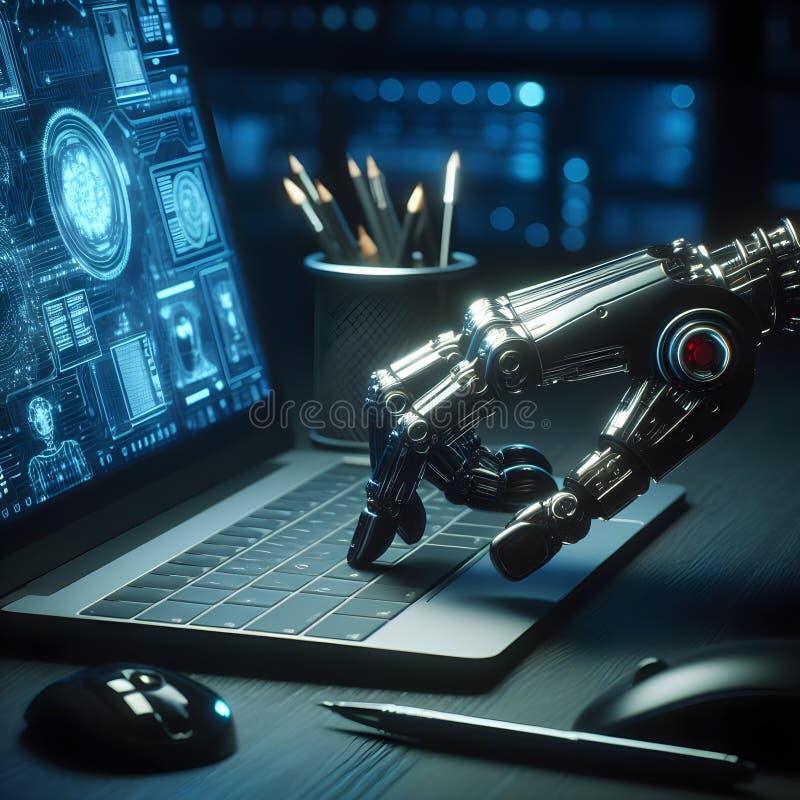 Digital Hacker Robot Is Working On Computers Cyberspace Network And Digital Programmer Concept