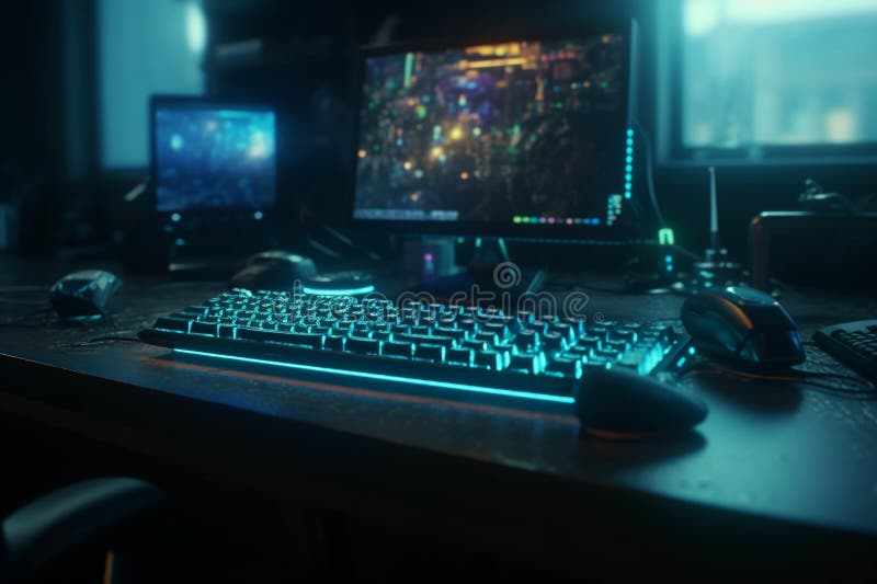 Digital Hacker S Workspace with Neon Keyboard, AI Generative Stock ...