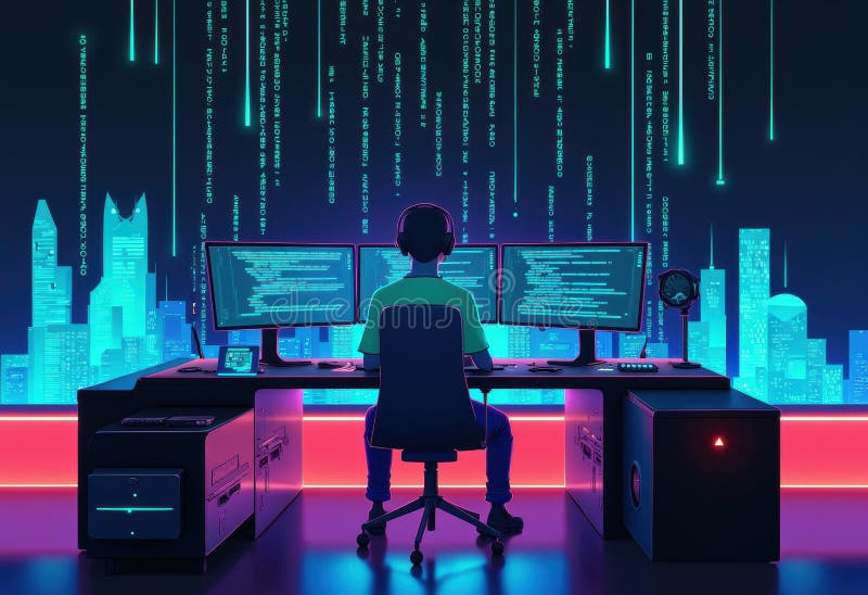 Digital Hacker Working on Multiple Screens with a Futuristic City Backdrop Stock Photo - Image ...