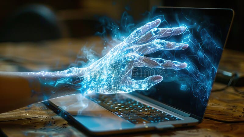 Digital Hand Emerging from Laptop Screen Stock Illustration ...