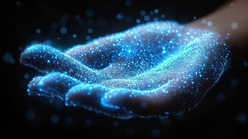 Digital Hand, Glowing, Open Palm, Particle Effect, Dark Background ...