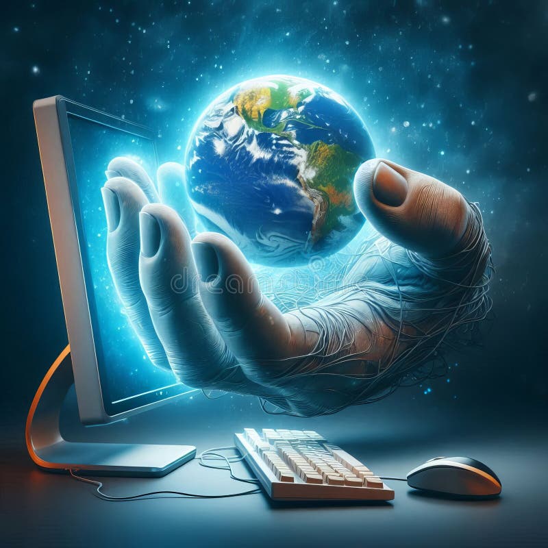 Digital Hand Holding Earth Emerging from Computer Screen Stock Photo ...