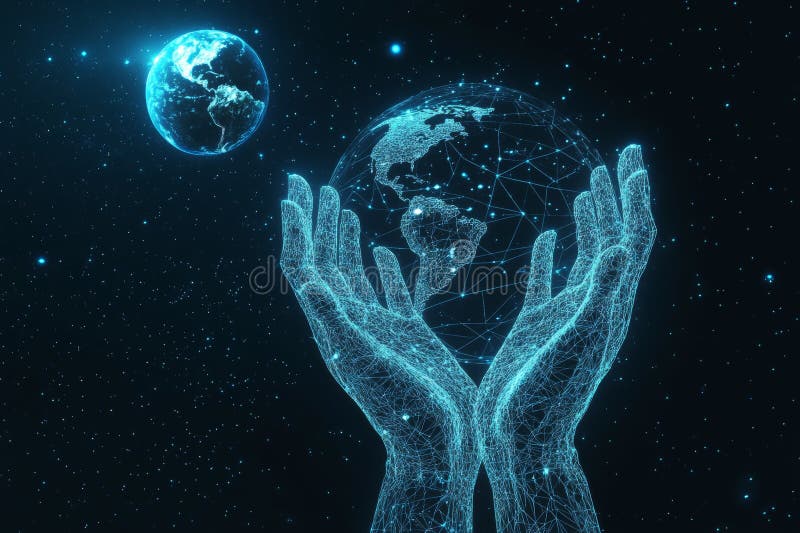 Digital Hand Holding Earth in Futuristic Space with Glowing Data ...