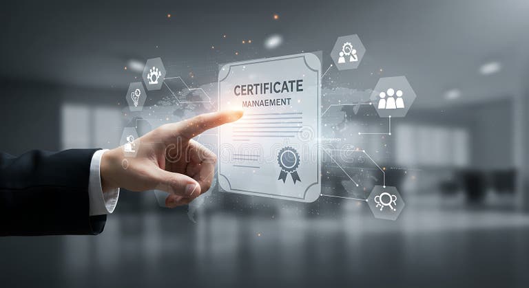 Digital Hand Interacting with Certificate Management System Stock Illustration - Illustration of ...