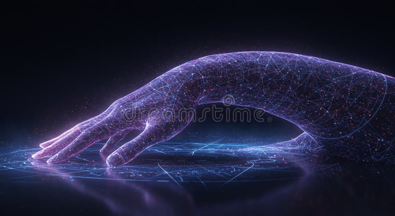 Digital Hand Interacting with Glowing Network Interface: Abstract 3D ...