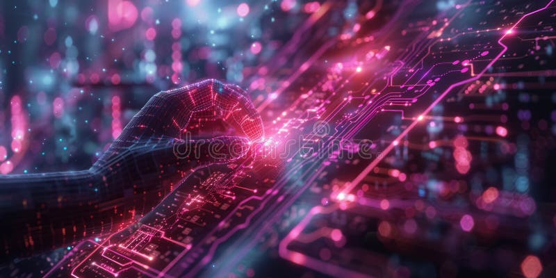 A Digital Hand Interacting with a Glowing Pink and Blue Circuit Board ...